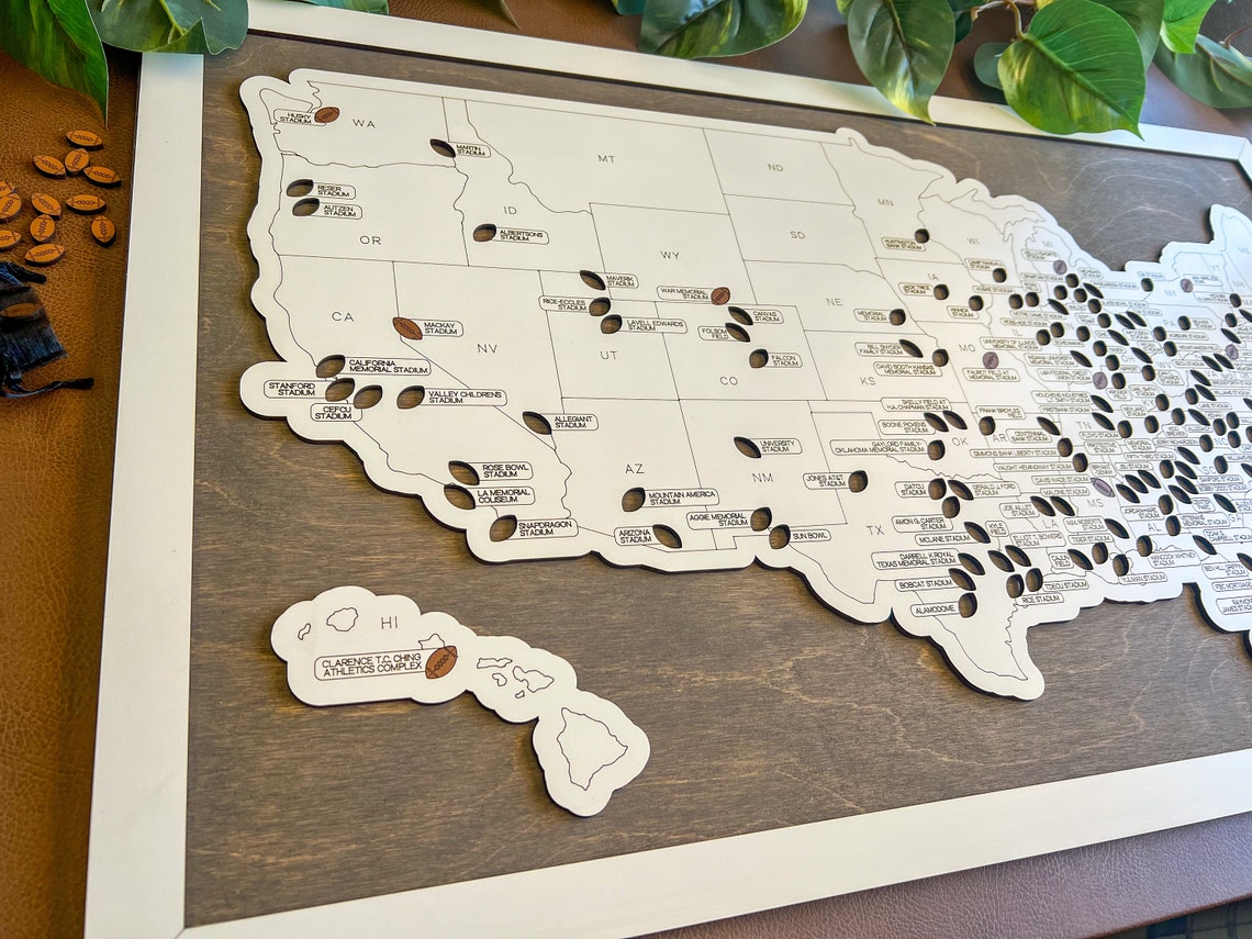 College Football Stadium Map – Wooden Bucket List Tracker With Tokens ...