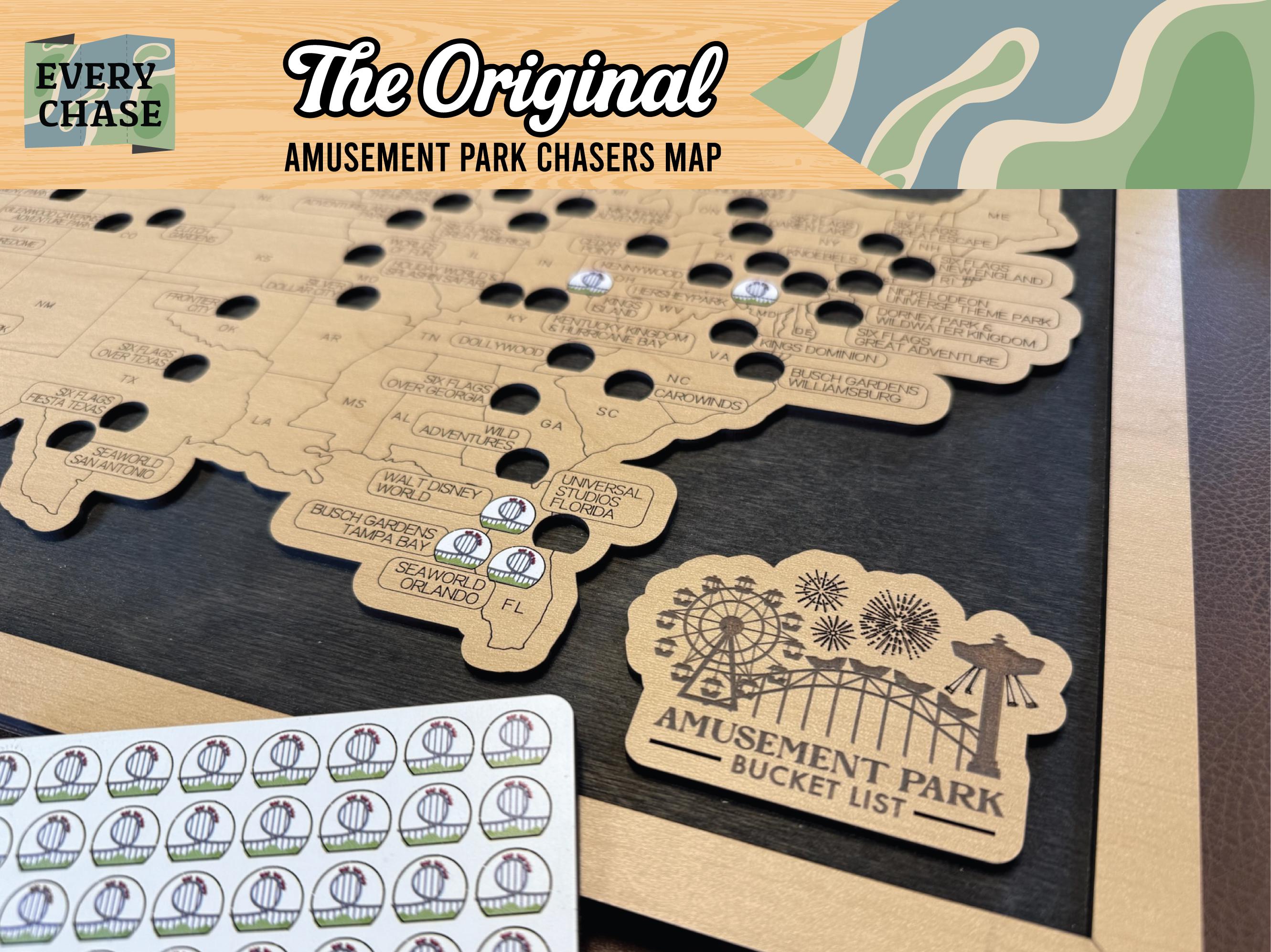 Amusement Parks Bucket List Map | Wood Wall Map With Tokens - Etsy