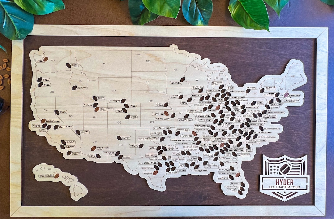 College Football Stadium Map – Wooden Bucket List Tracker With Tokens ...
