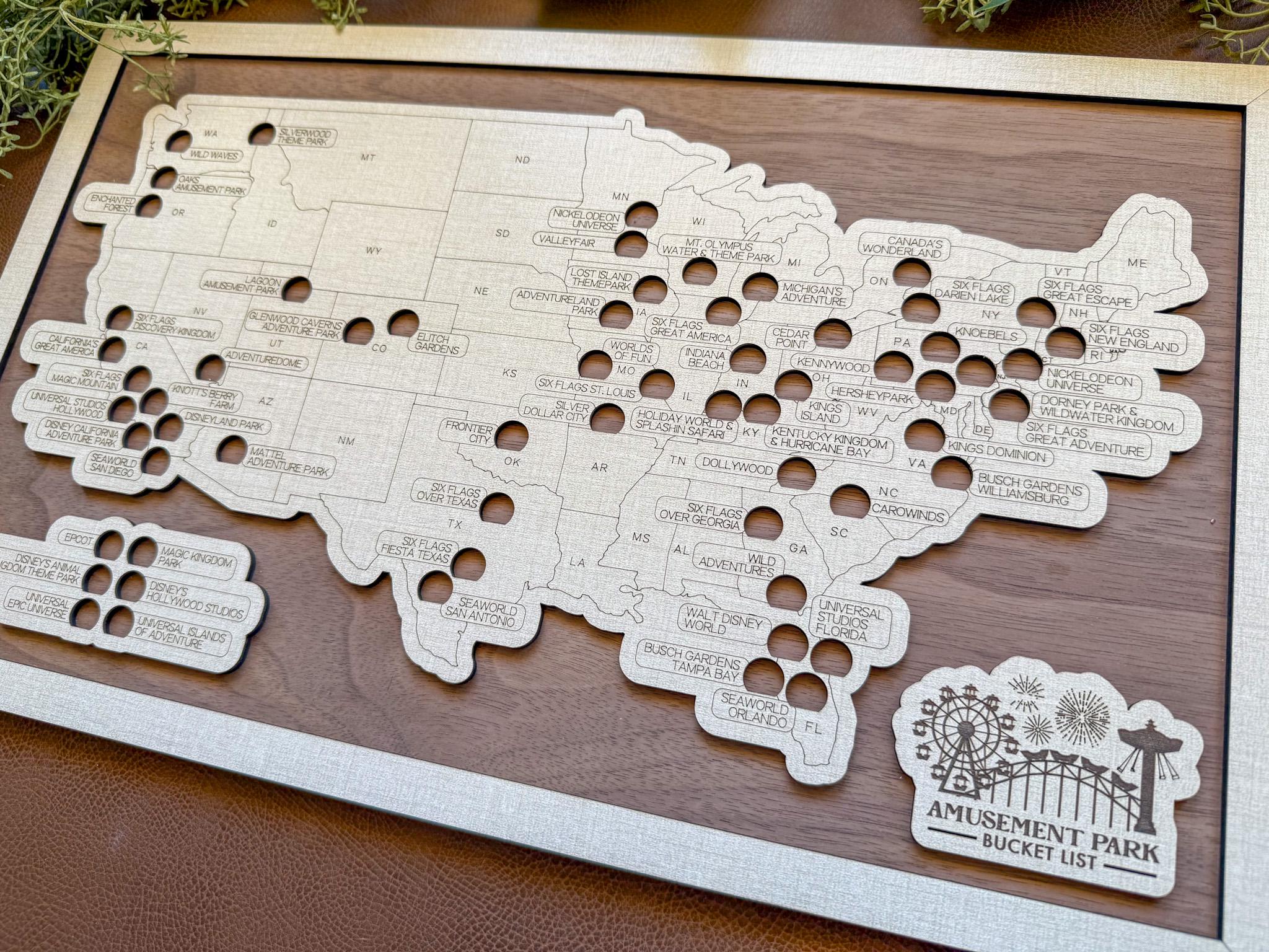 Amusement Parks Bucket List Map | Wood Wall Map With Tokens - Etsy