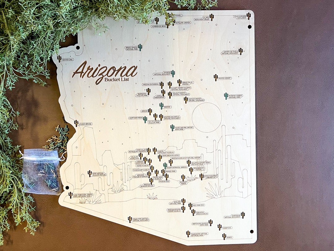 Arizona Bucket List Map – Floating Wooden Tracker With Tokens – Medium ...