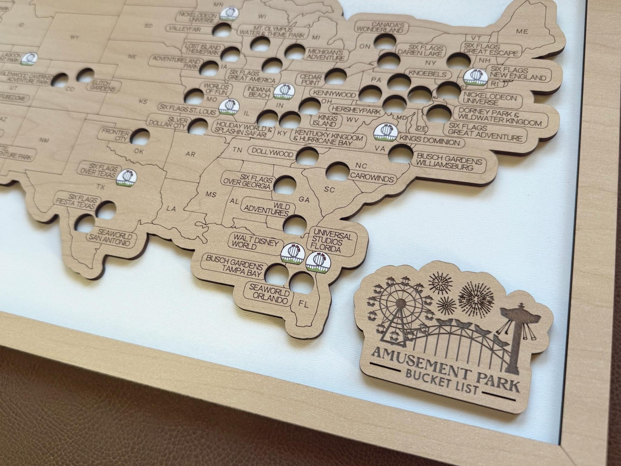 Amusement Parks Bucket List Map | Wood Wall Map With Tokens - Etsy