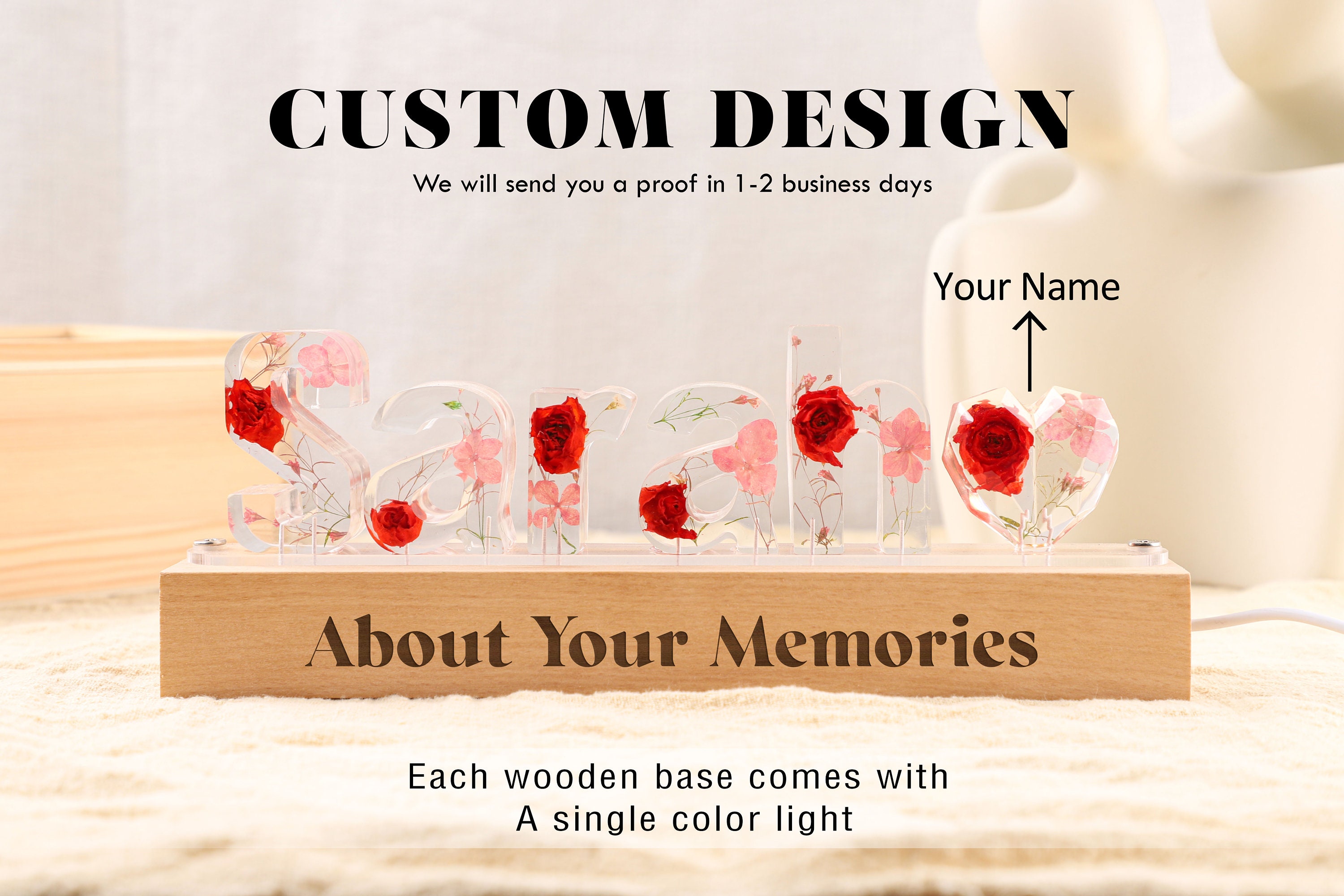 Handmade Flower Lamp, Resin Art Diy Words Lamp, Custom Letter Gift ...