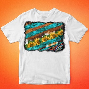 Western Aztec Sunflowers Turquoise Cowhide Background PNG Sublimation ...
