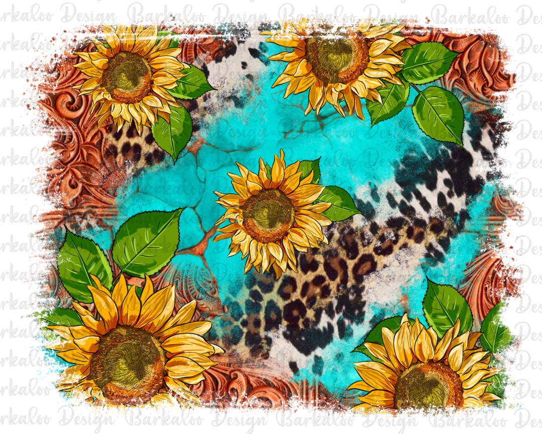 Western Sunflowers Turquoise Cowhide Background Png Sublimation Design ...