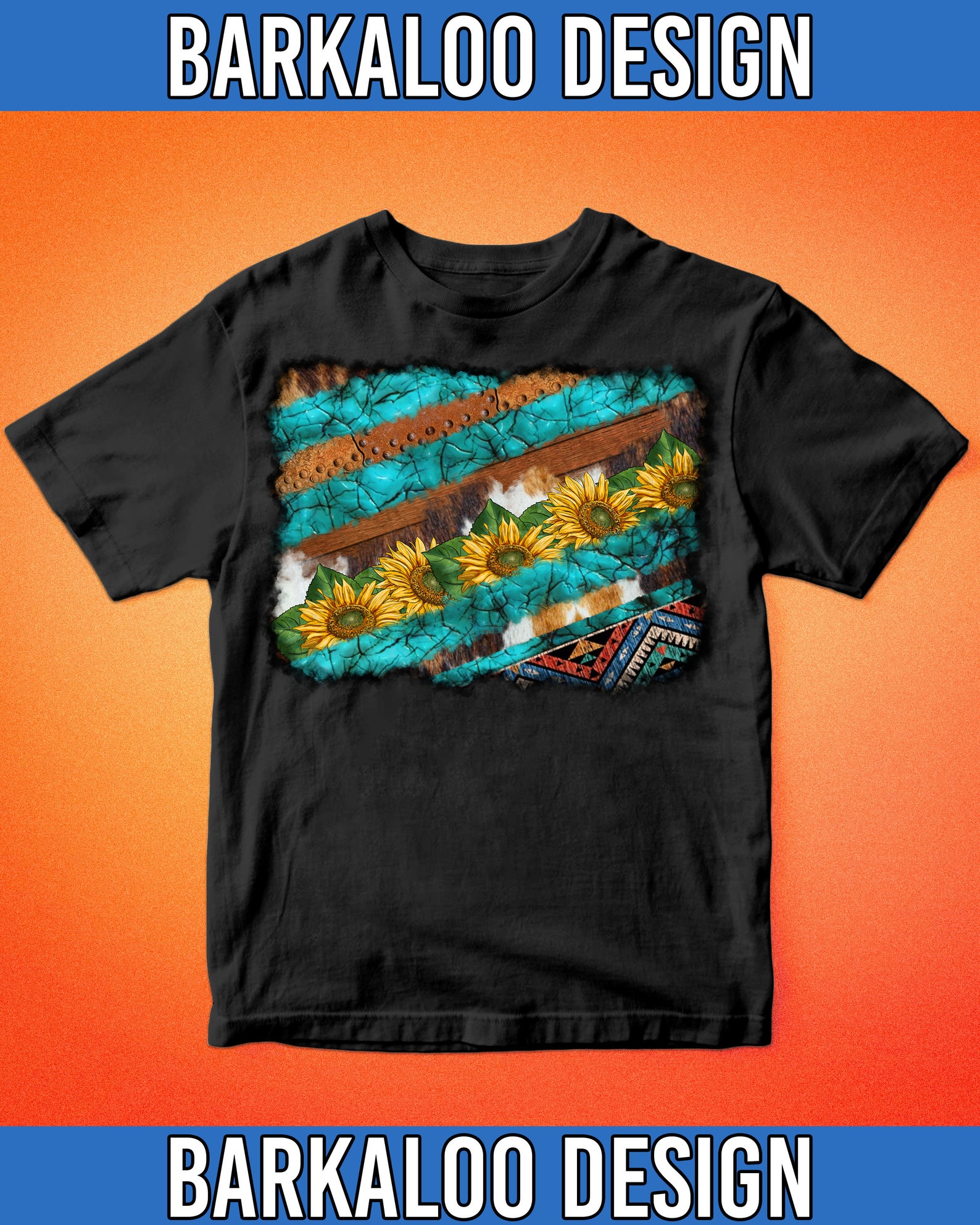 Western Aztec Sunflowers Turquoise Cowhide Background PNG - Etsy