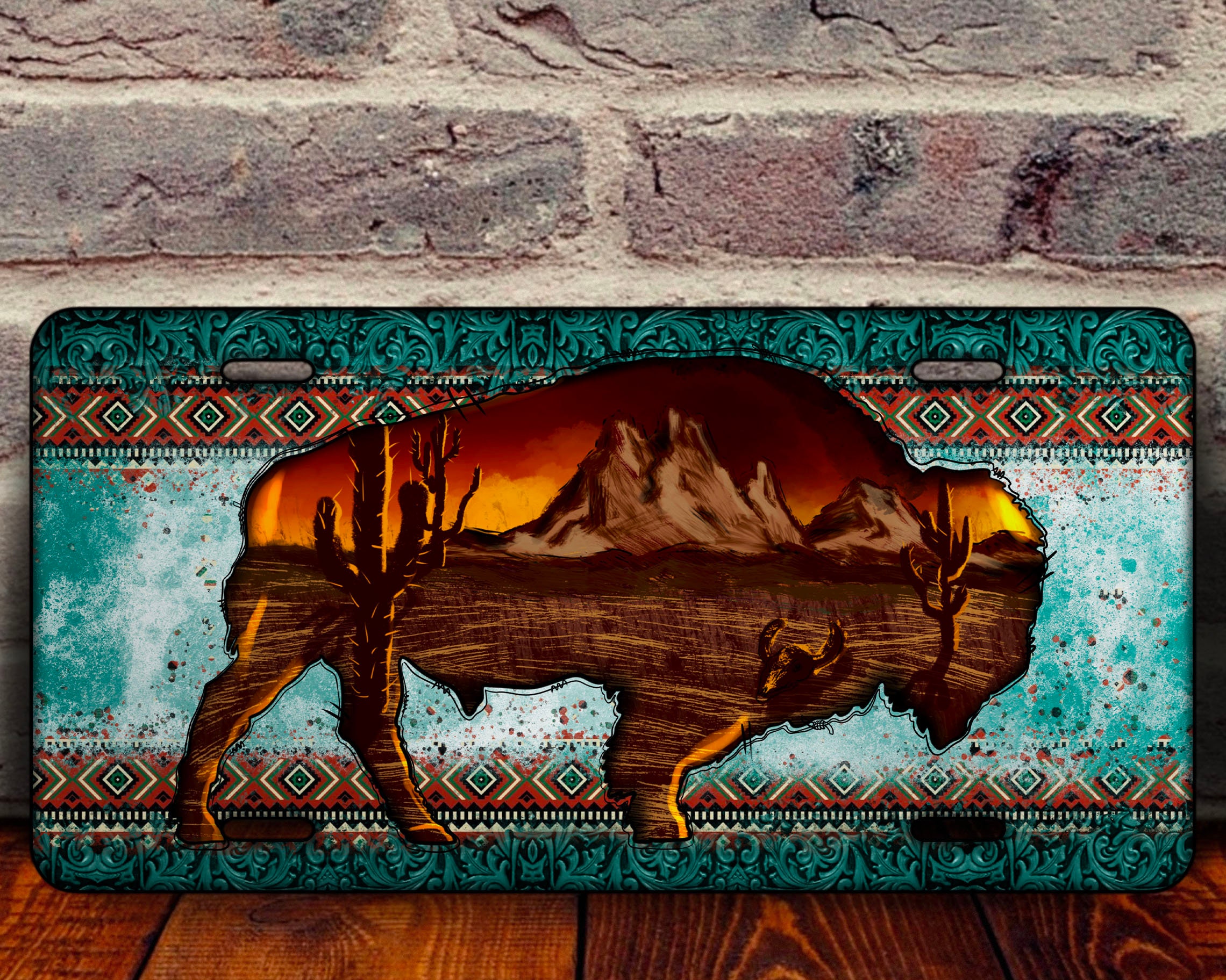 Western Sunset Bison Aztec Png License Plate Sublimation Design, Bison ...
