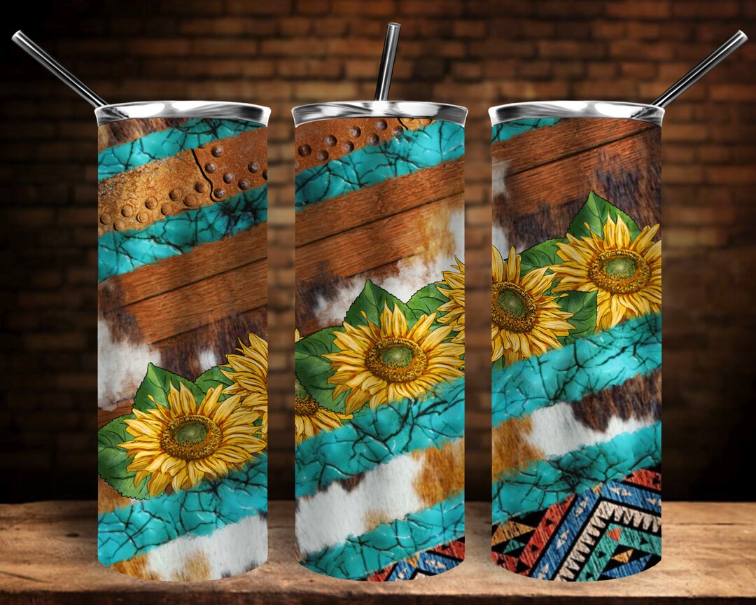 Western Aztec Sunflowers Turquoise Cowhide 20 Oz. Skinny Tumbler PNG ...