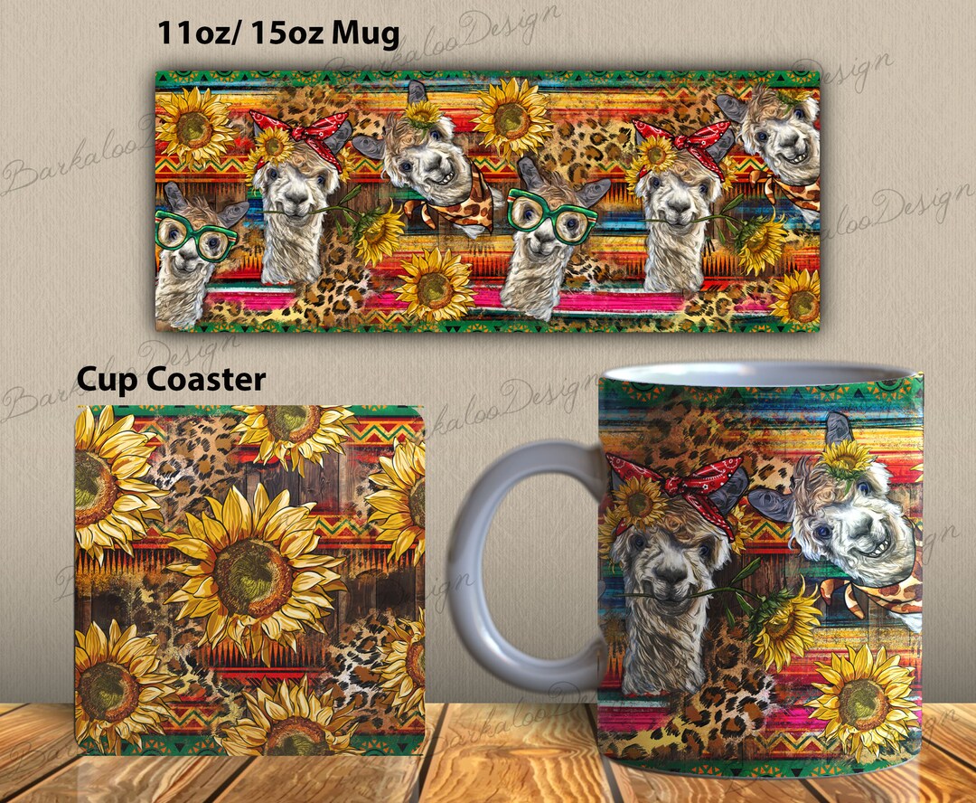 Western Alpaca With Sunfowers Mug and Cup Coaster Png Sublimation ...
