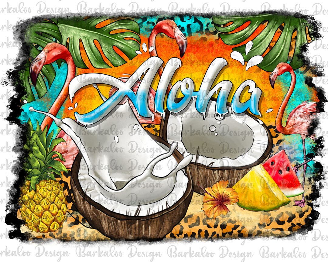 Western Aloha Coconut With Flamingos Background Png Sublimation Design ...
