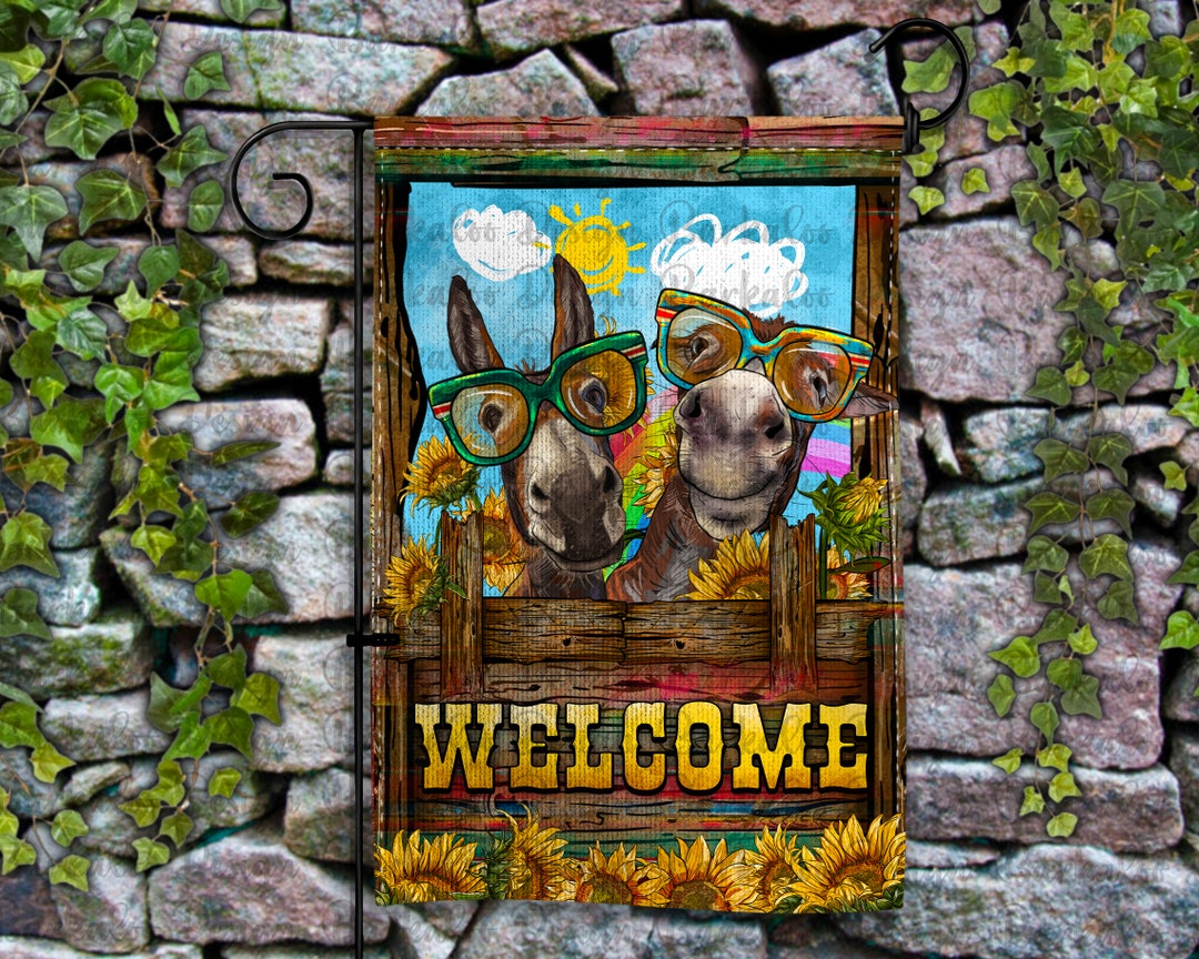 Welcome 2 Donkeys With Rainbow Garden Flag Png Sublimation Design ...