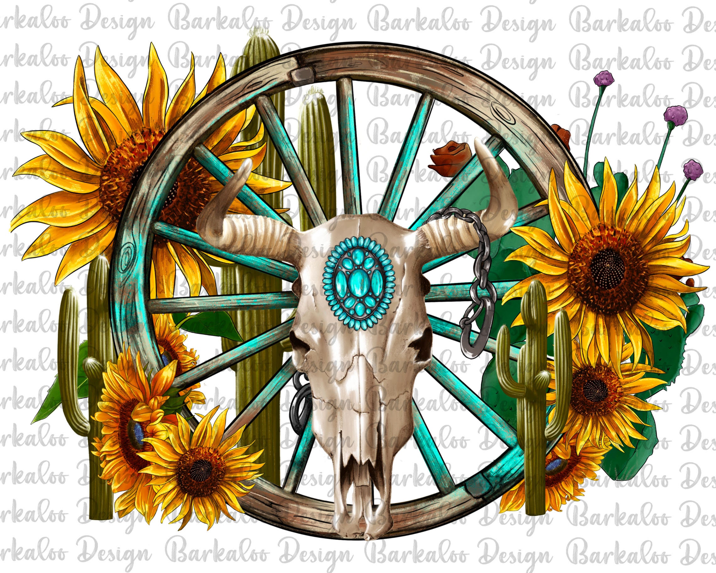 Wagon Wheel With Gemstone Bull Skull Png Sublimation Design, Sunflowers ...
