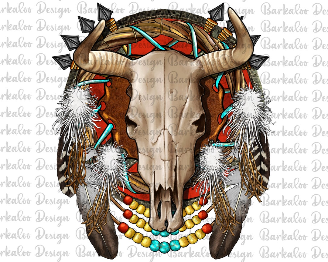 Native Bull Skull With Dream Catcher Png Sublimation Design, Bull Skull ...