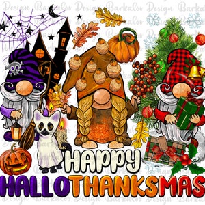 Happy Hallothanksmas Gnomes Png Sublimation Design, Hand Drawn Gnomes ...