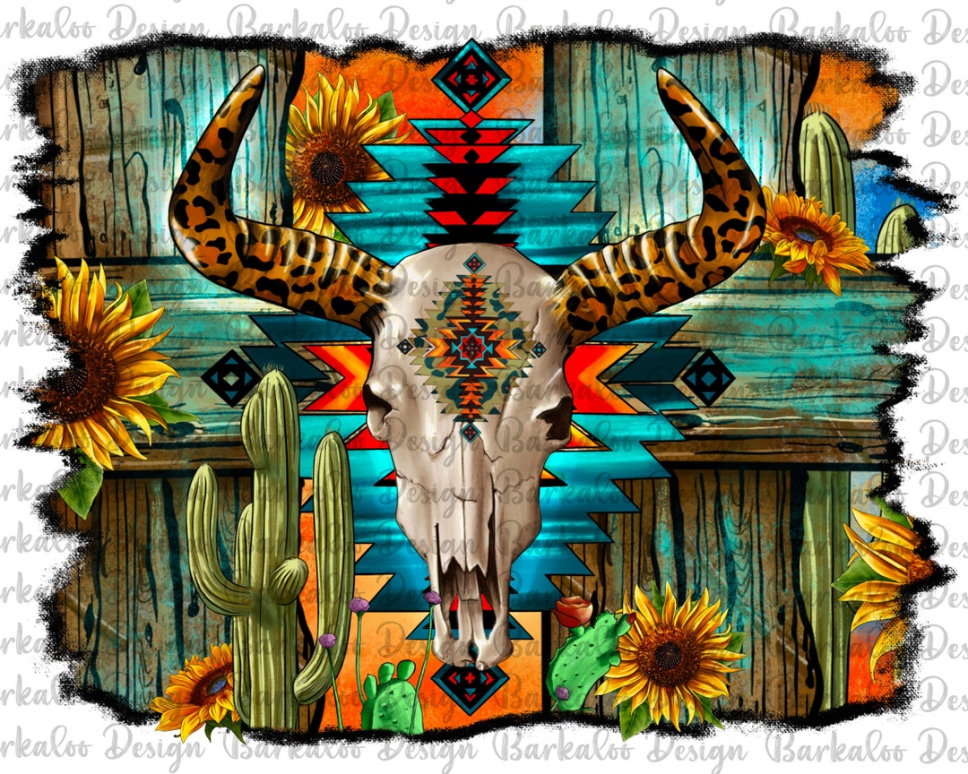 Leopard Horn Bull Skull With Aztec Background Png Sublimation Design ...