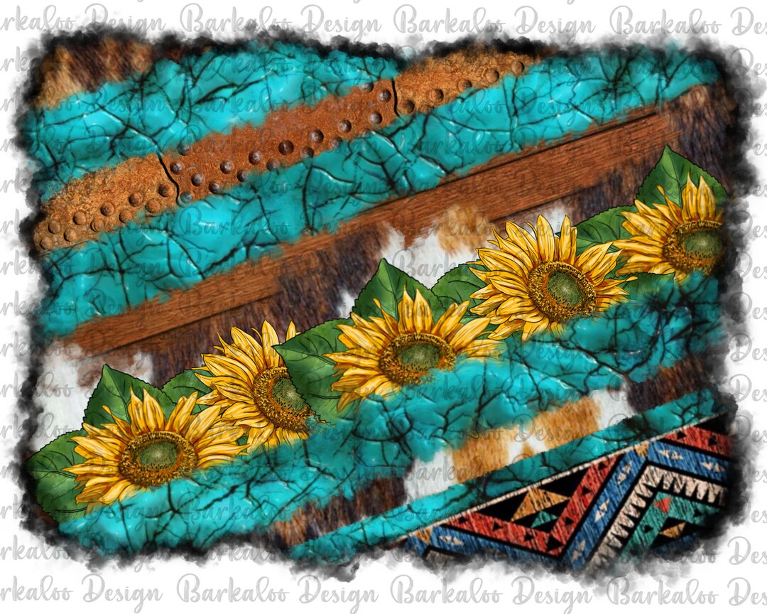 Western Aztec Sunflowers Turquoise Cowhide Background PNG Sublimation ...