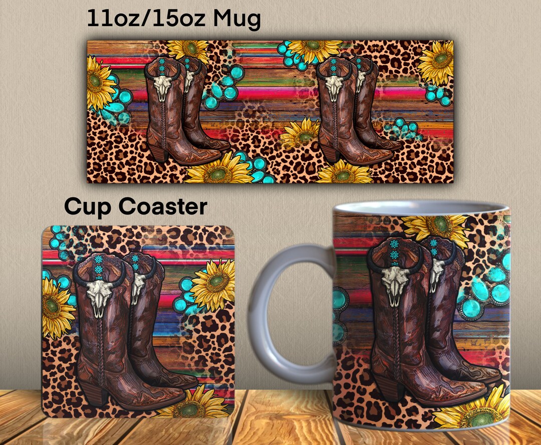 Bull Skull Cowboy Boots Mug Png, Cowboy Boots Cup Coaster, Cowboy Boots ...