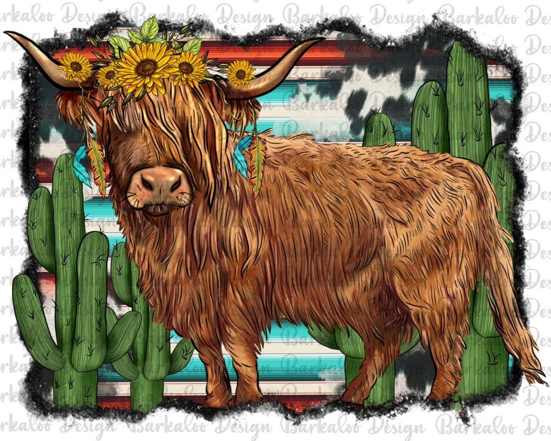 Cowhide Serape Cactus Background Cow With Sunflower and Feather Png ...
