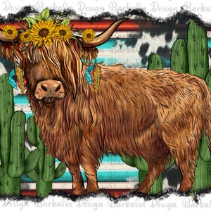 Cowhide Serape Cactus Background Cow With Sunflower and Feather Png ...