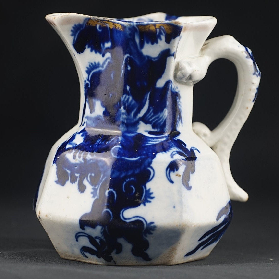 ANTIQUE FLOW BLUE Dragon Jug, Antique Very Early Mason's Ironstone ...