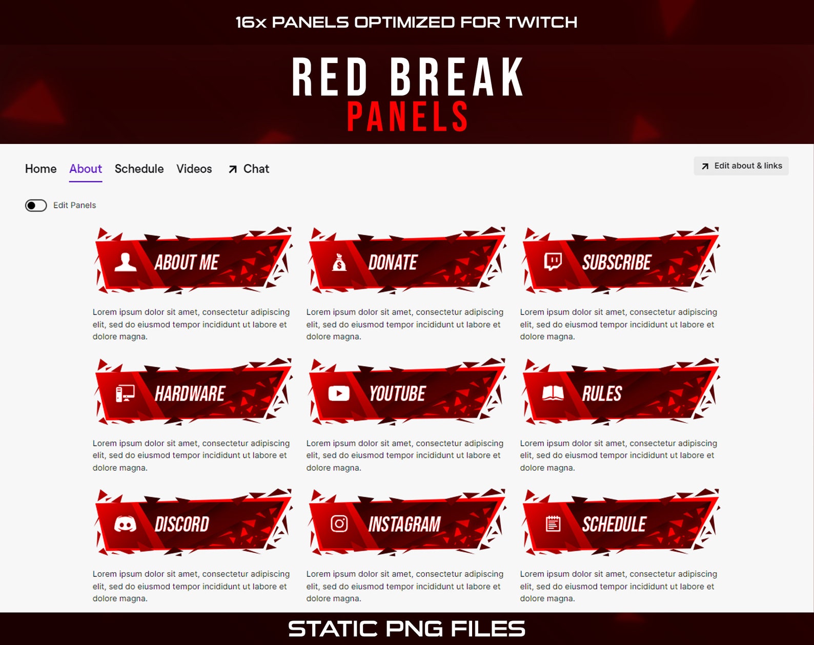 Red Break Twitch Panels: 16x Stream Profile Info Buttons Branding - Etsy