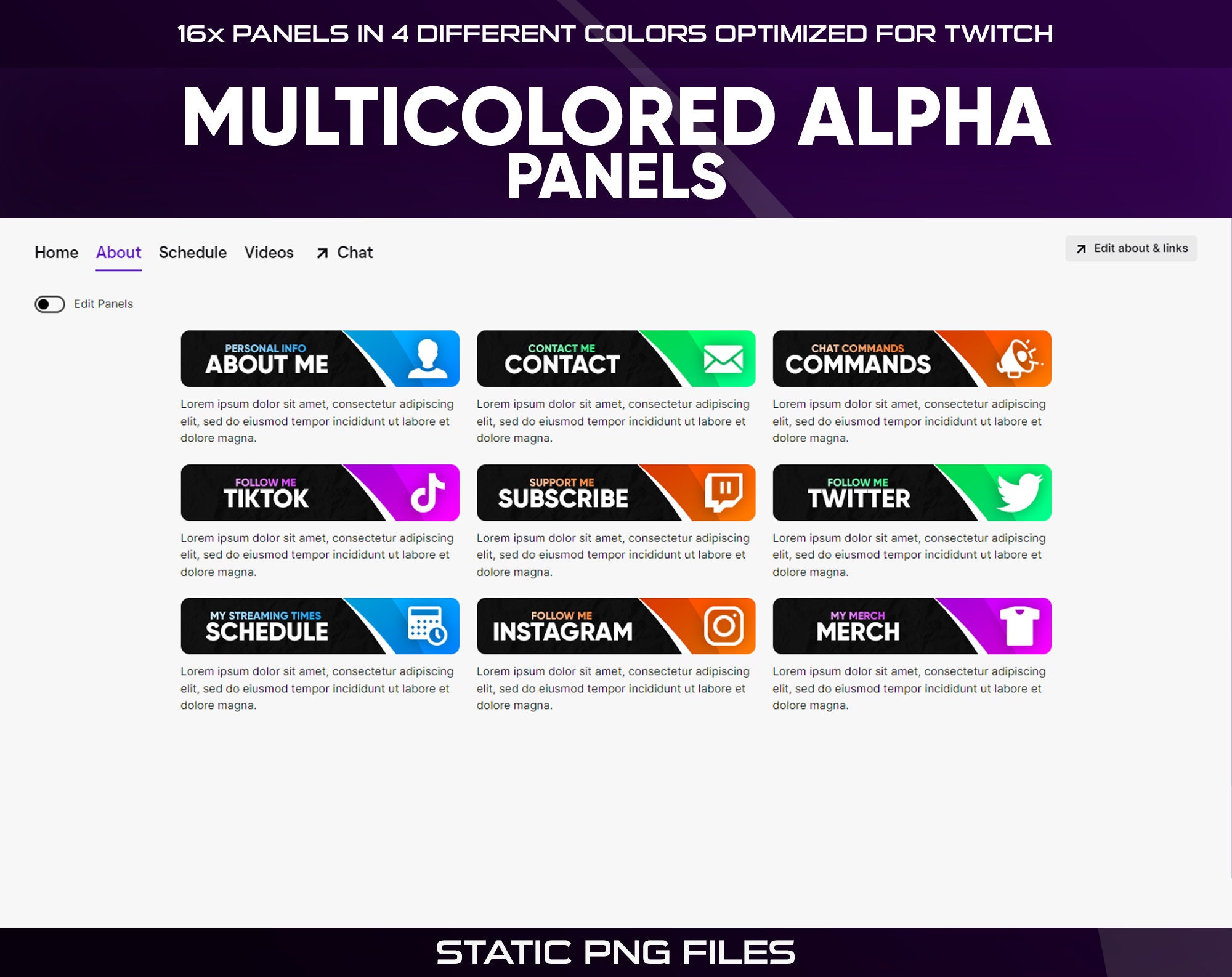 Alpha Twitch Panels 16x Stream Panels in Blue, Pink, Cyan, Orange ... Alpha Twitch Panels 16x Stream Panels in Blue, Pink, Cyan, Orange ...