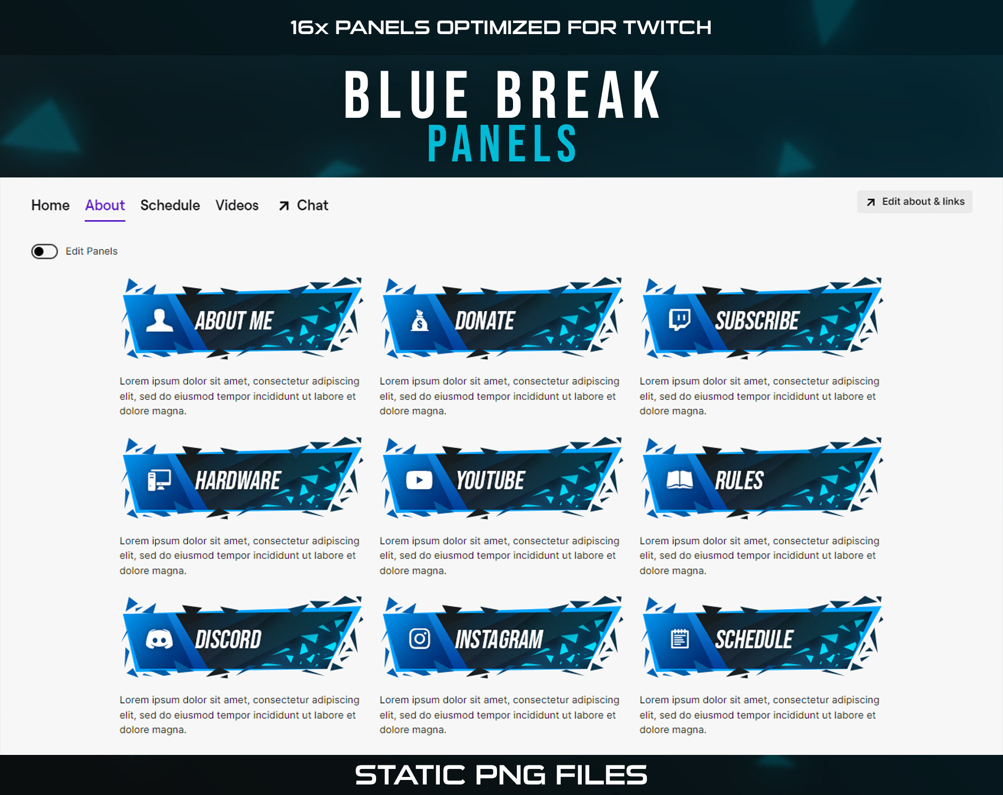 Blue Break Twitch Panels: 16x Stream Profile Info Buttons Branding - Etsy
