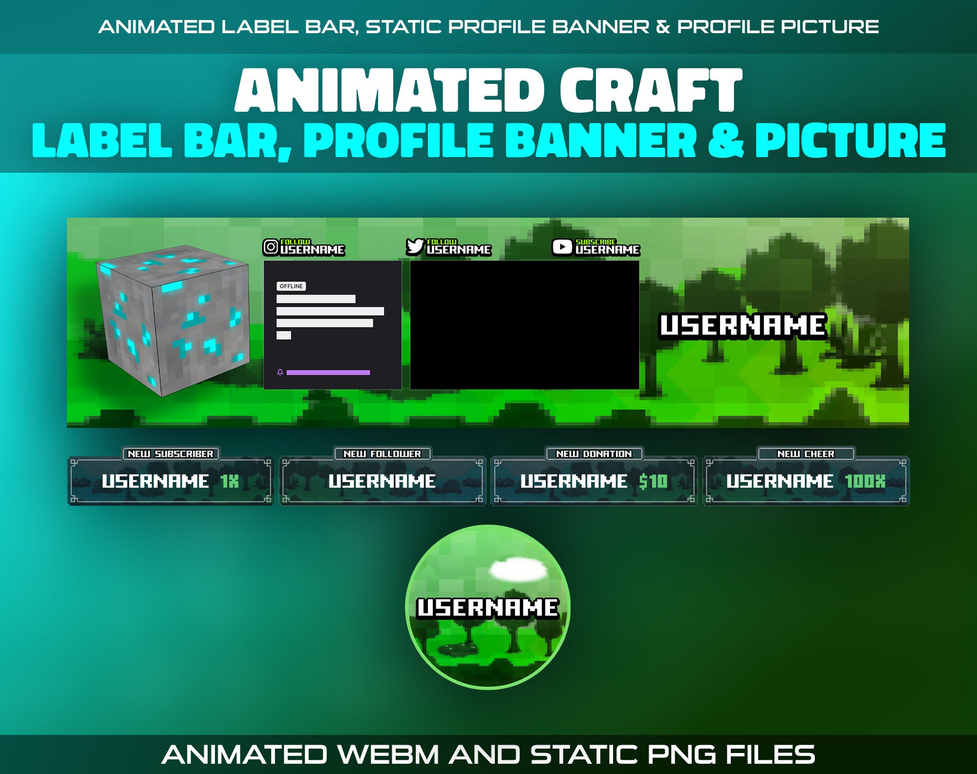 Animated Craft Twitch Overlay Package for Retro Games Streamers Pixel Mine Webcam, Screens ...