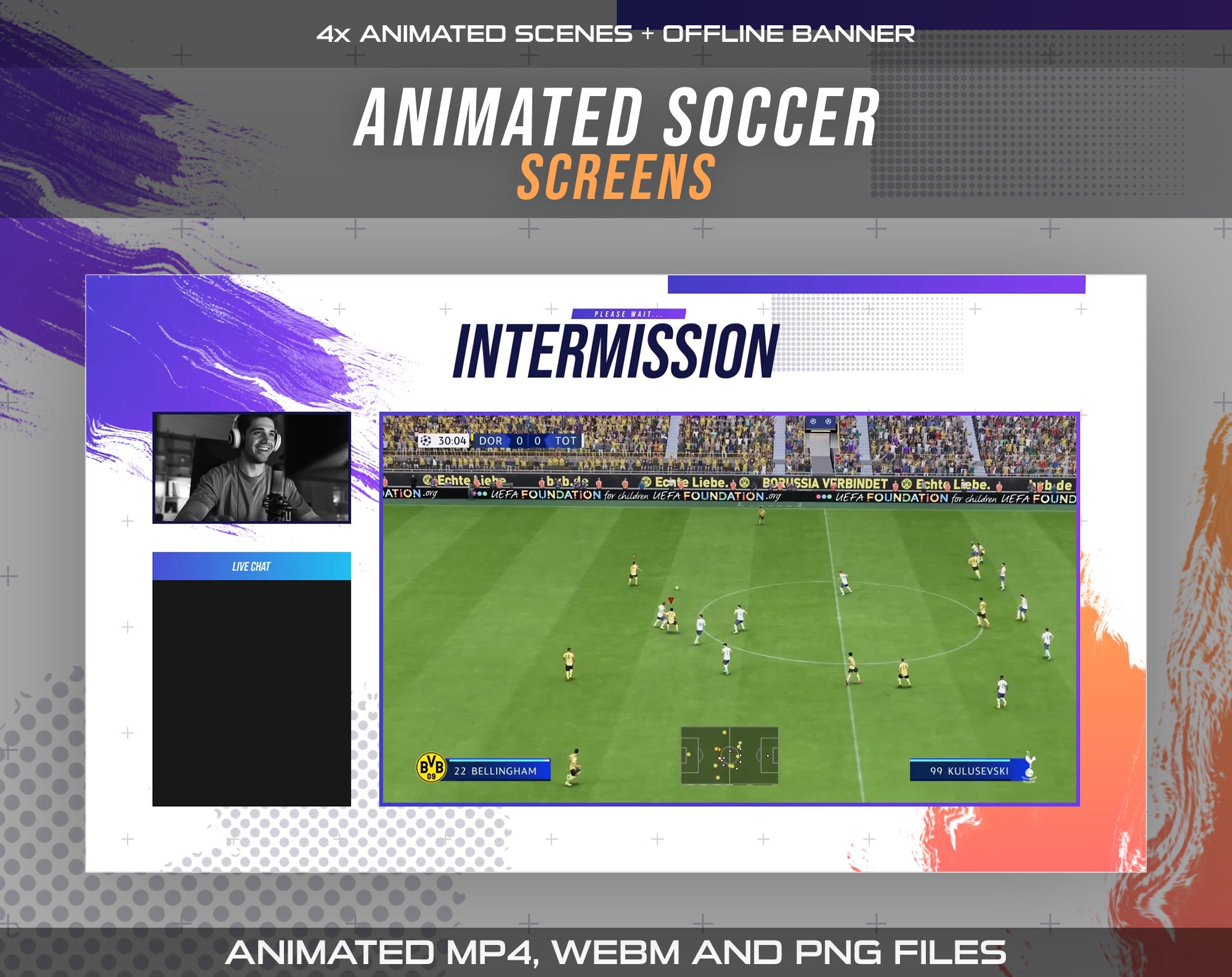 Animated Soccer Twitch Screens: White Football Stream Overlay (MP4, PNG ...
