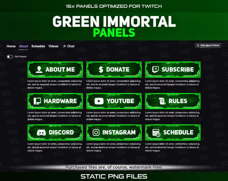 Green Immortal Twitch Panels: Futuristic Streamer Profile Info Buttons ...