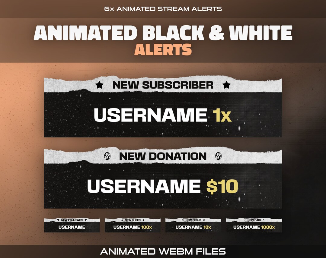 Animated Black & White Twitch Alerts | 6x Dark Modern Black Stream ...