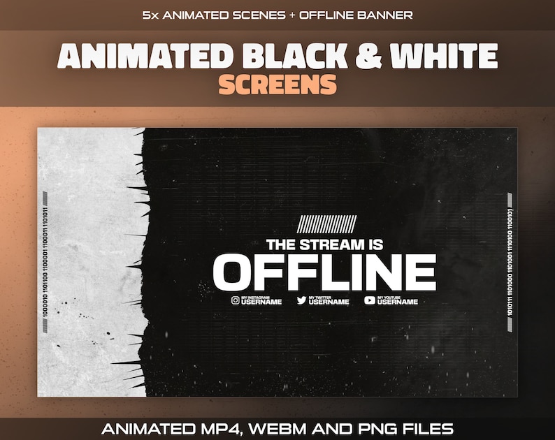 Animated Black & White Twitch Screens: Modern Dark Stream Overlay for ...