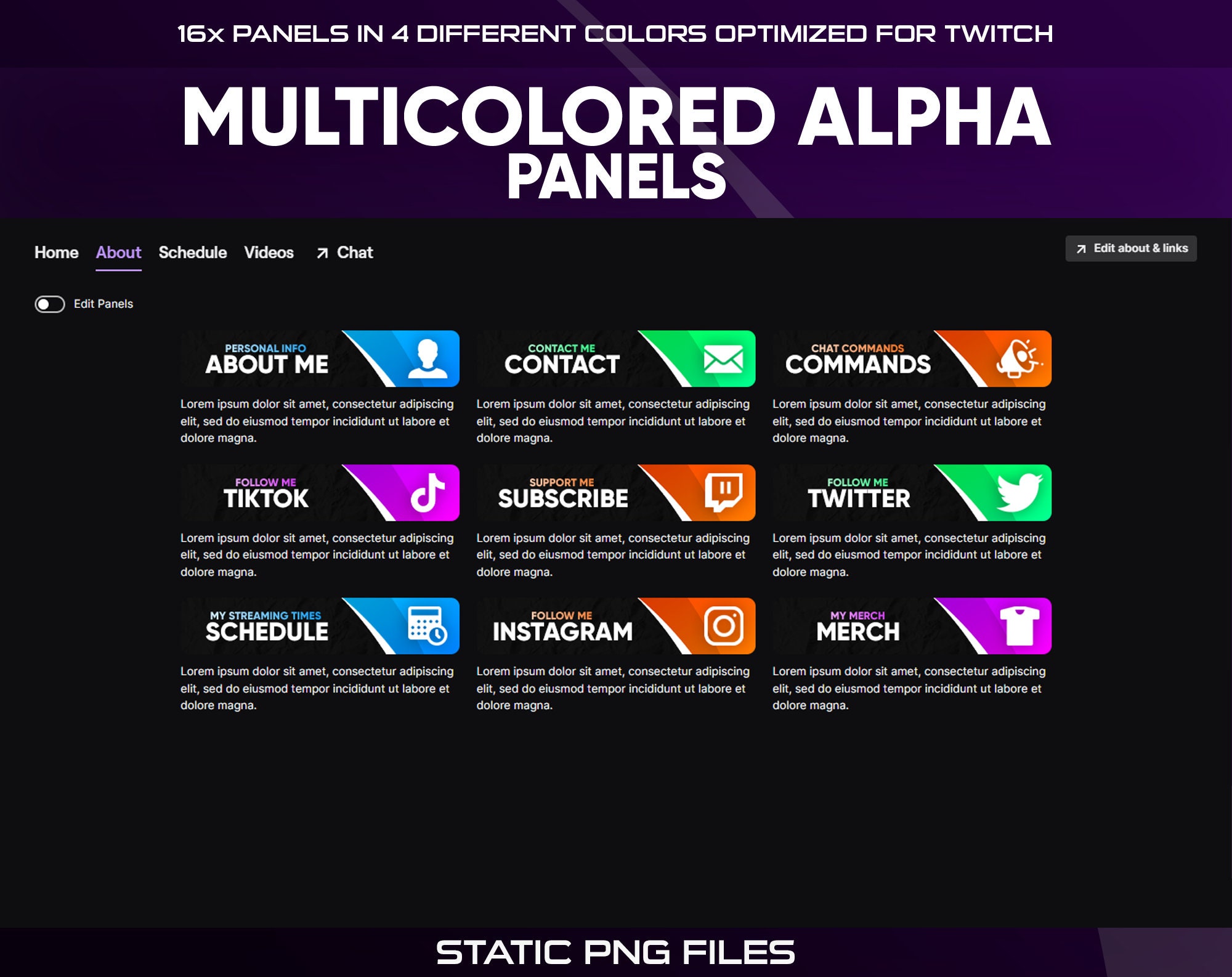 Alpha Twitch Panels 16x Stream Panels in Blue, Pink, Cyan, Orange ... Alpha Twitch Panels 16x Stream Panels in Blue, Pink, Cyan, Orange ...