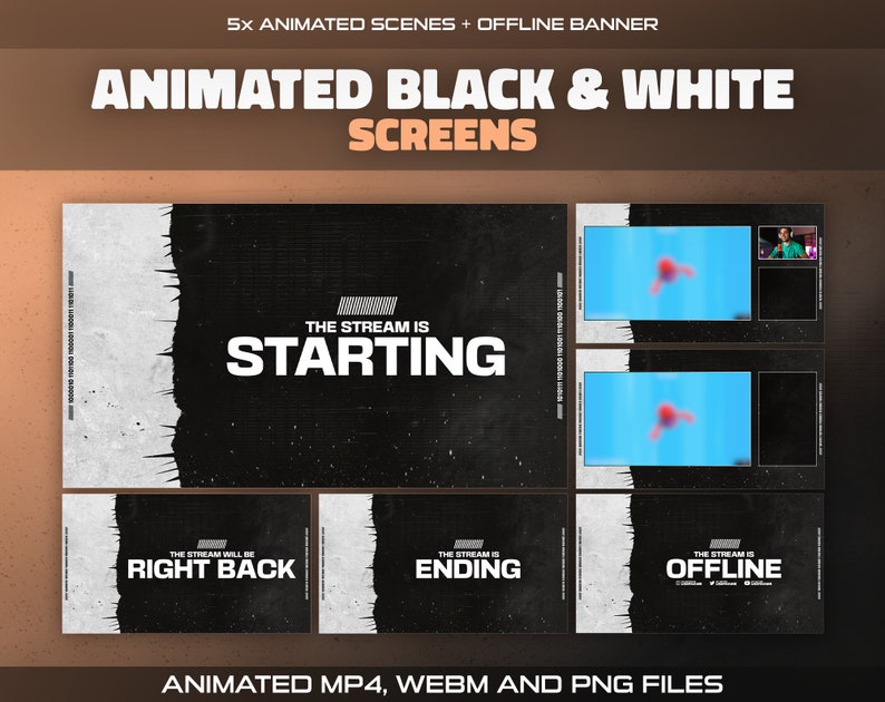 Animated Black & White Twitch Screens: Modern Dark Stream Overlay for ...