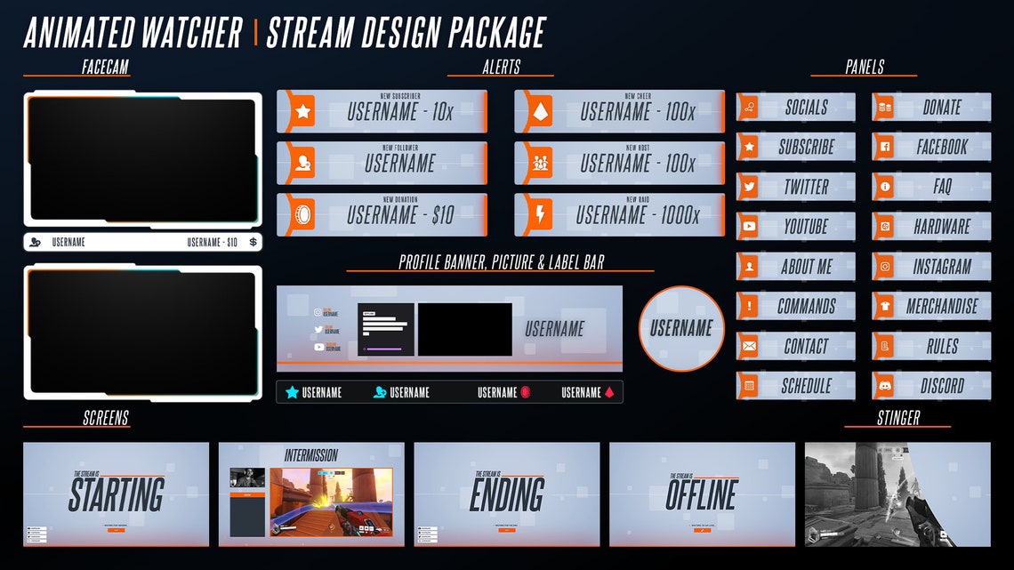 Animated Watcher Twitch Overlay Package for OW2 Streamers Gray Webcam ...