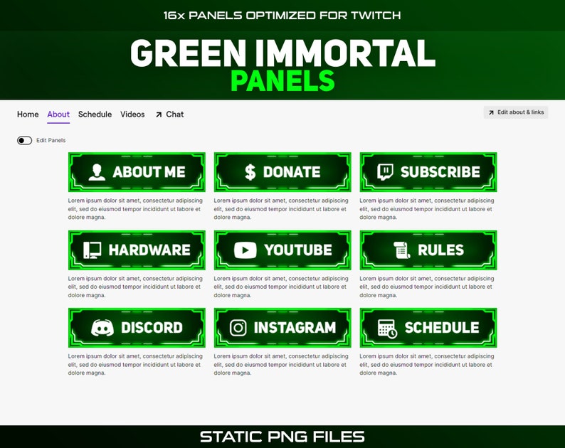 Green Immortal Twitch Panels | 16x Stream Panels | Badges | Streamer ...