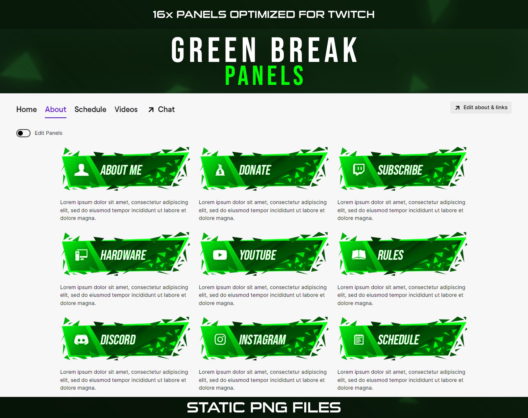 Green Break Twitch Panels | 16x Stream Panels | Badges | Streamer ...