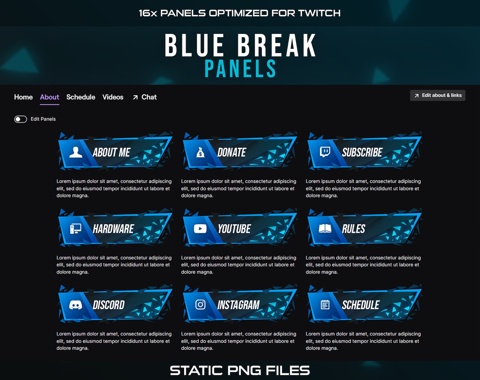 Blue Break Twitch Panels: 16x Stream Profile Info Buttons Branding - Etsy
