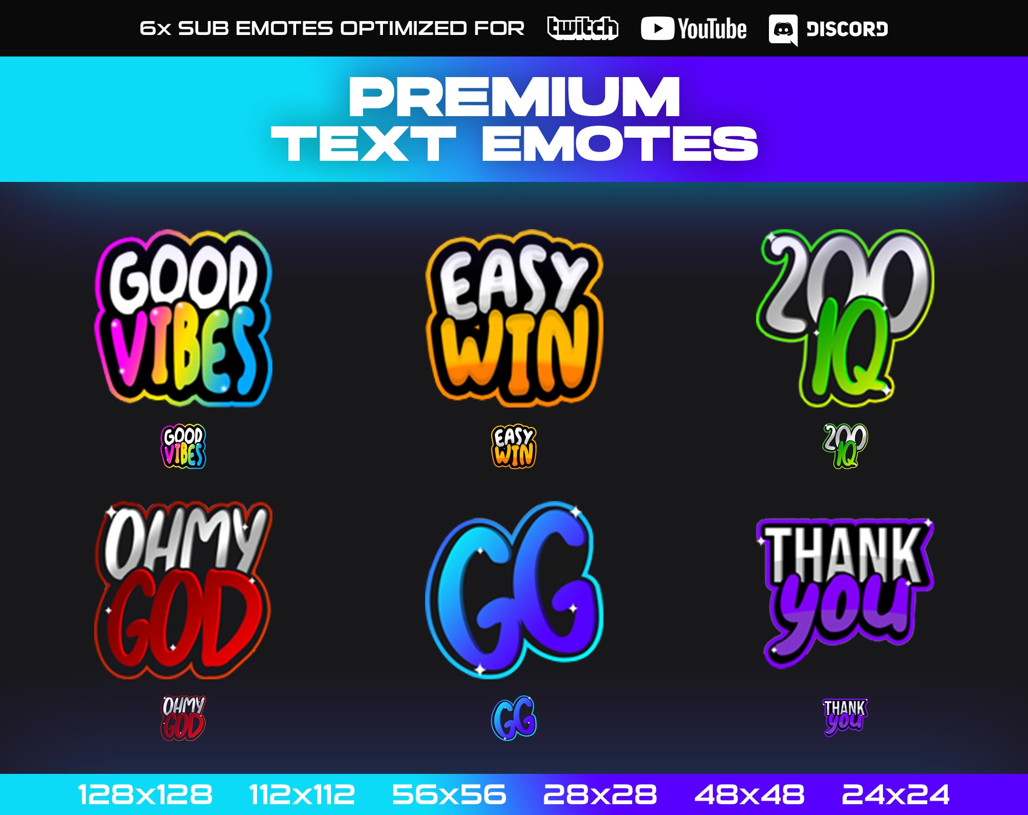 Twitch Text Emotes Package Good Vibes, Easy Win, 200 IQ, Oh My God, GG ...