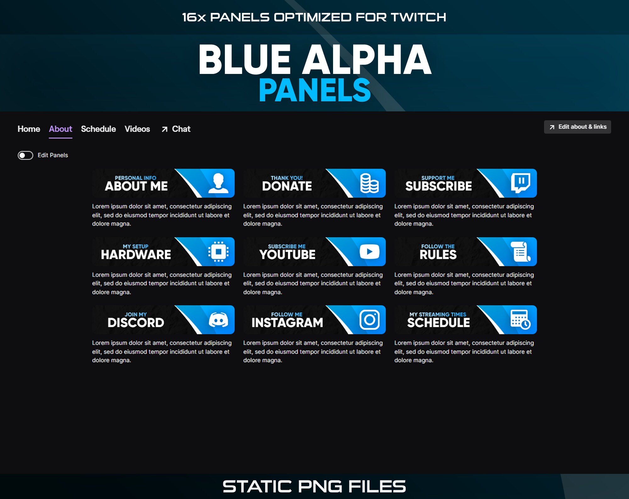 Blue Alpha Twitch Panels: 16x Modern Profile Info Buttons for Streamers ...