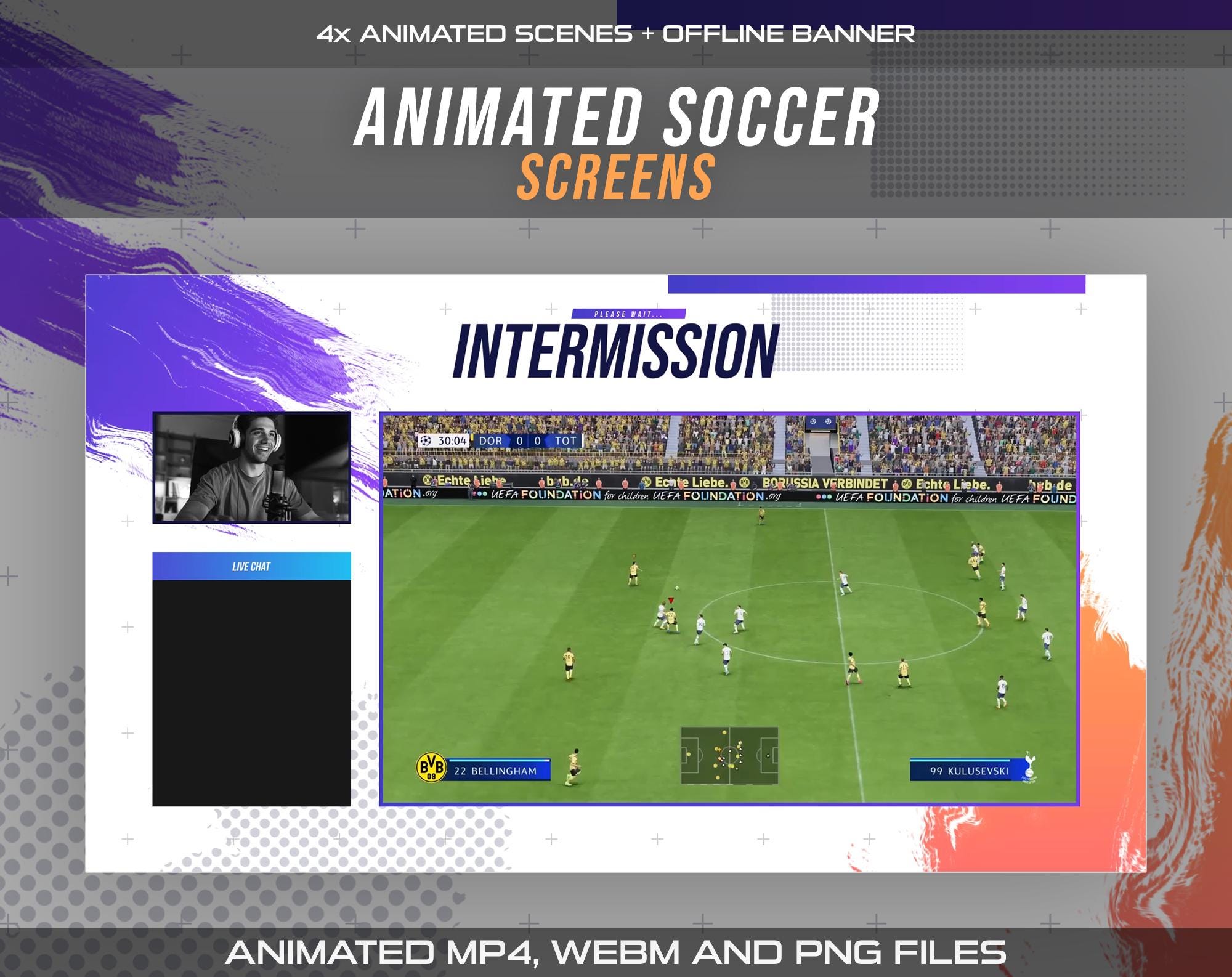 Animated Soccer Twitch Overlay Package for Streamers | White Football ...