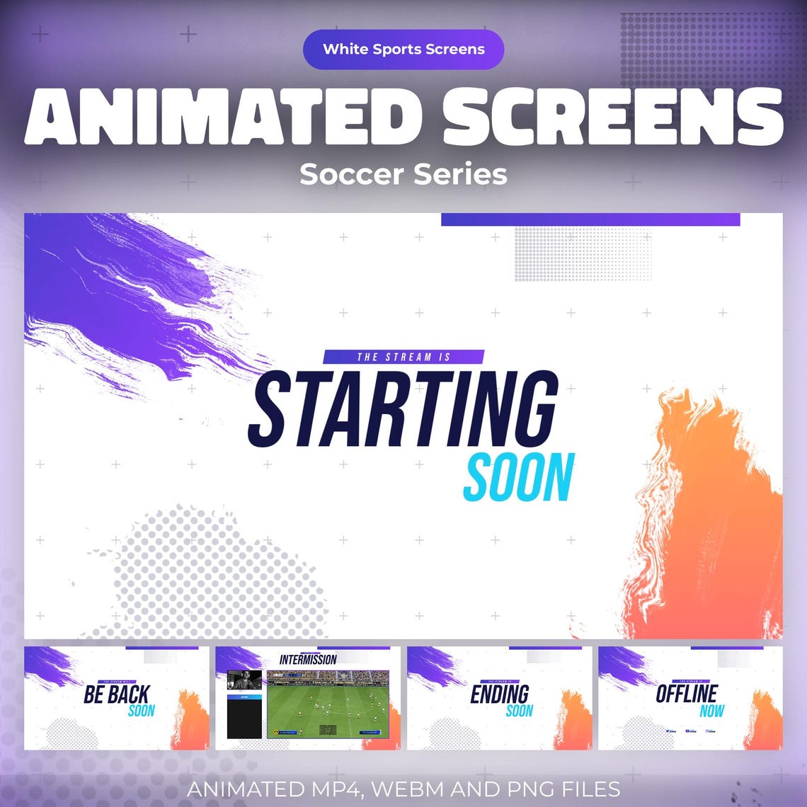 Animated Soccer Twitch Screens: White Football Stream Overlay (MP4, PNG ...