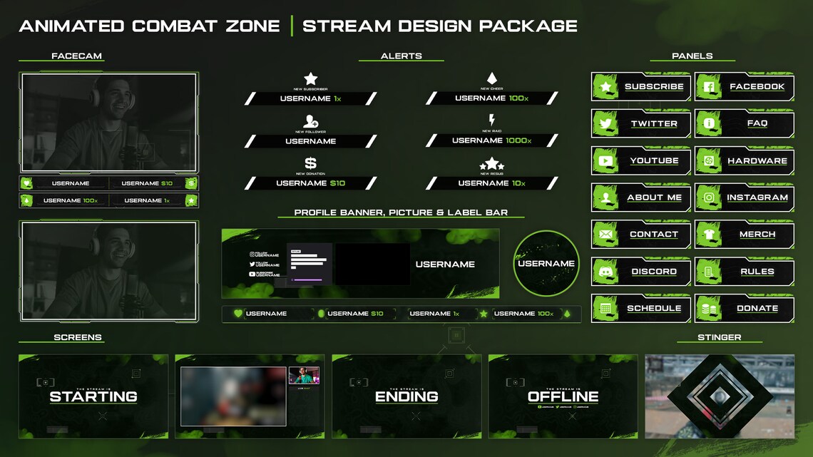 Animated Combat Zone Twitch Overlay Package | Green Black Streamer ...
