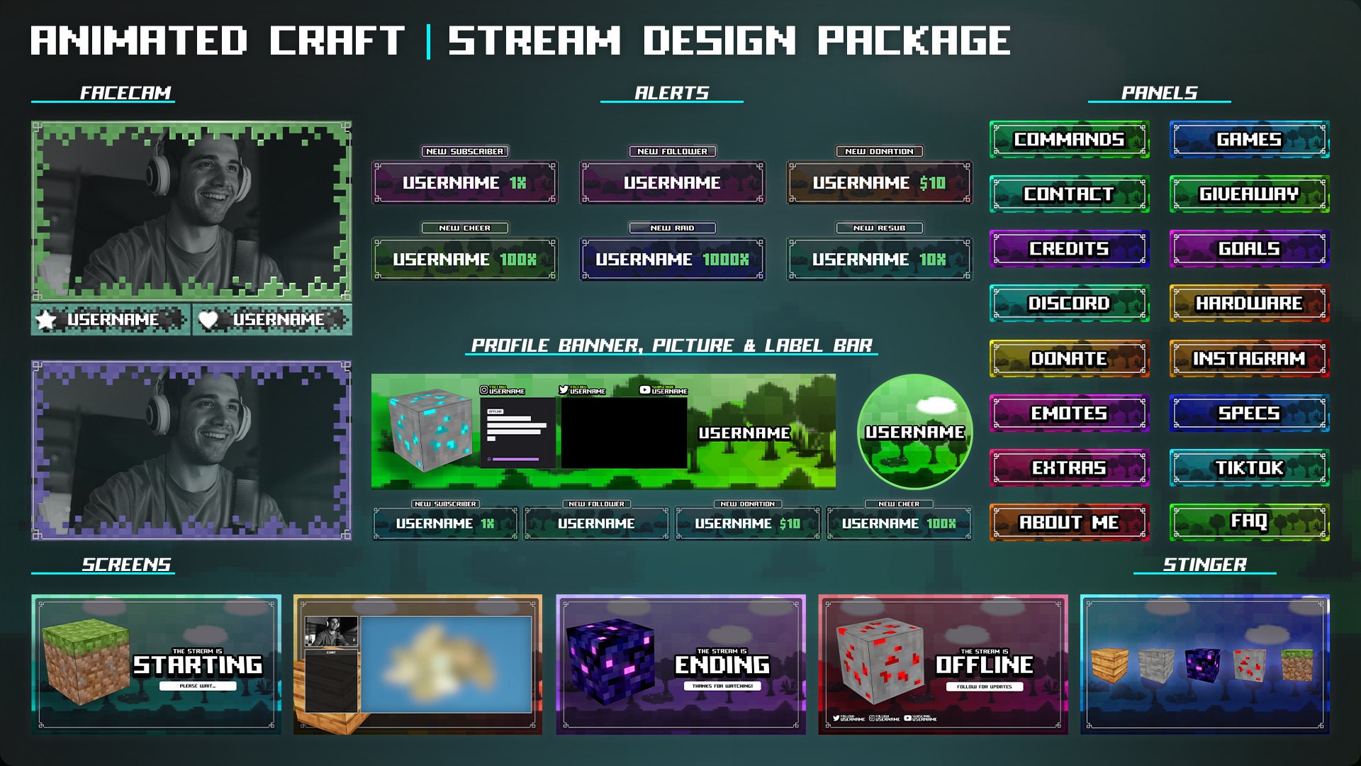 Animated Craft Twitch Overlay Package for Retro Games Streamers | Pixel Mine Webcam, Screens ...