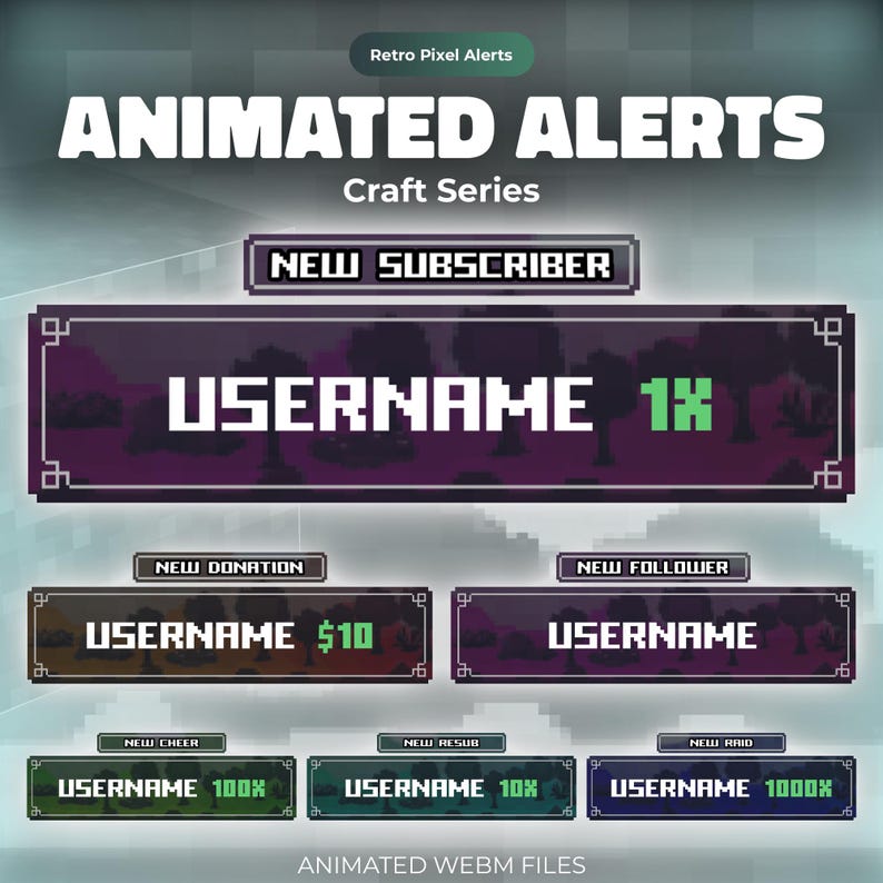 Craft Twitch Alerts: Animated Dark Retro Pixel Stream Overlay (follower ...