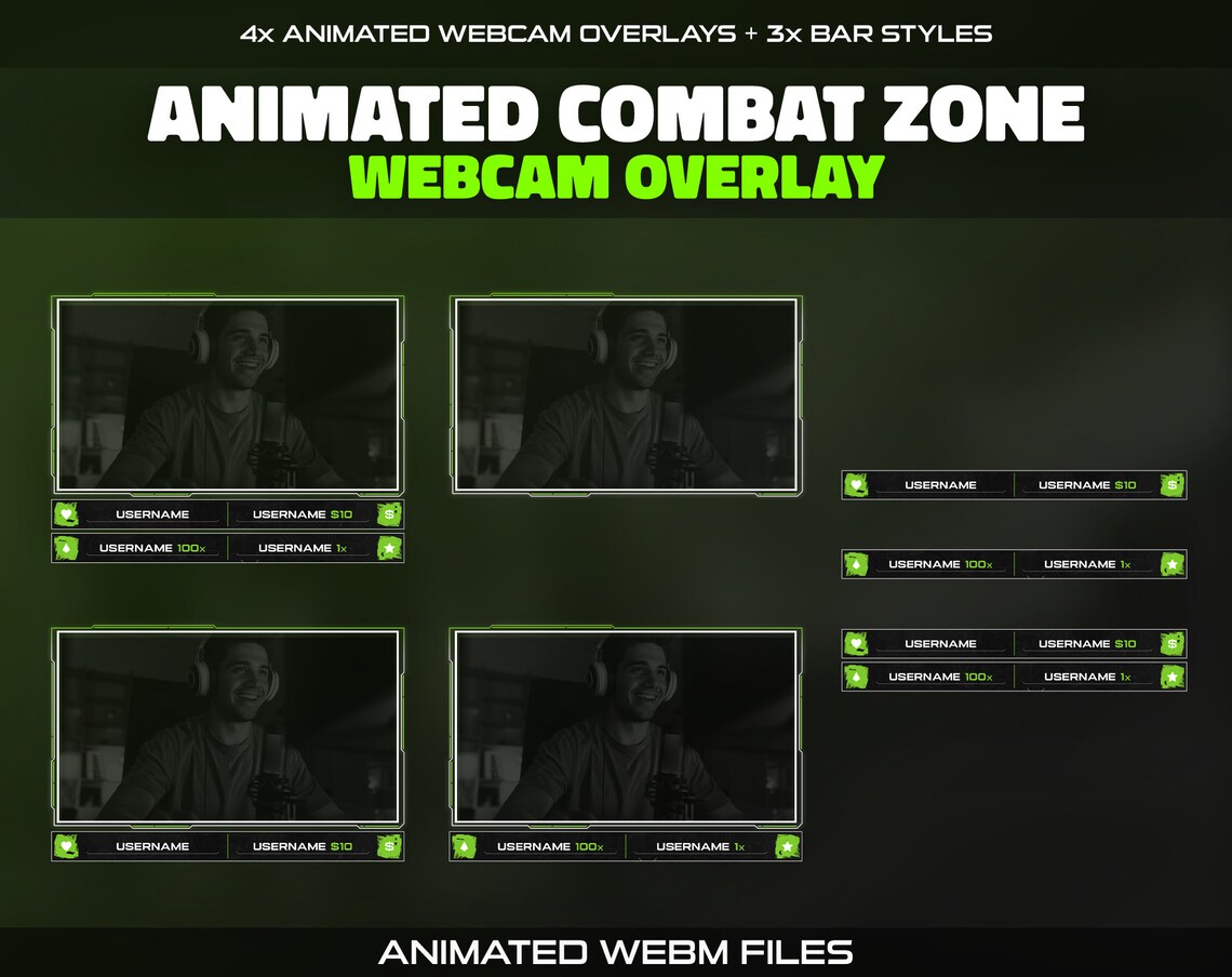 Animated Combat Zone Twitch Overlay Package | Green Black Streamer ...