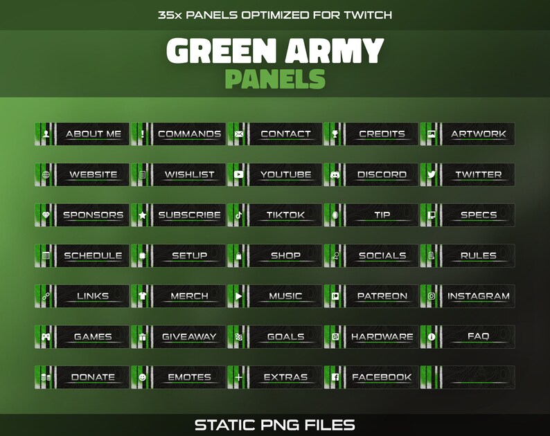 Green Army Twitch Panels | 35x Black Info Buttons for Streamers ...