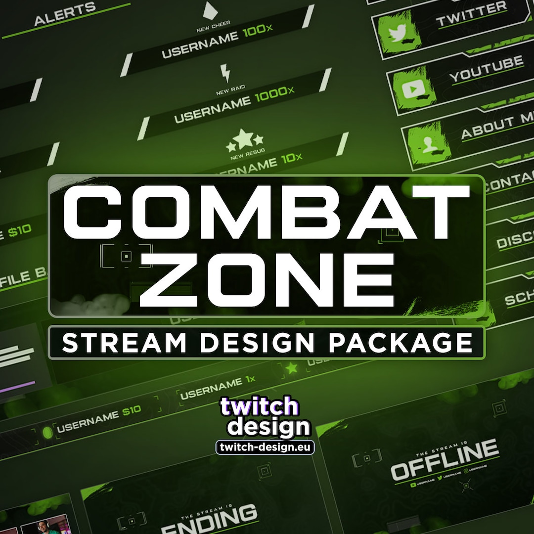 Animated Combat Zone Twitch Overlay Package | Green Black Streamer ...
