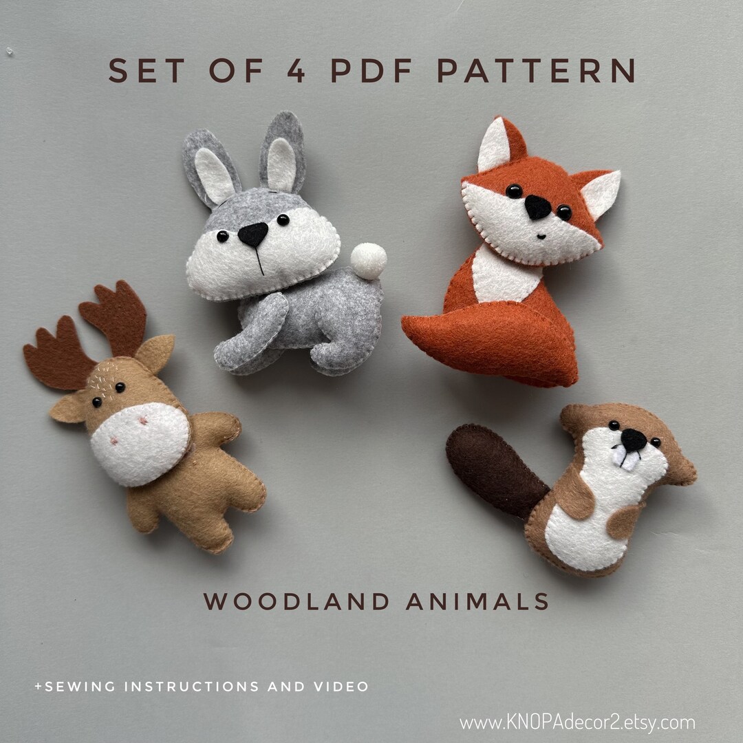 Set of 4 Pdf Woodland Animals Plush Pattern Fox Ornament Elk and Beaver ...