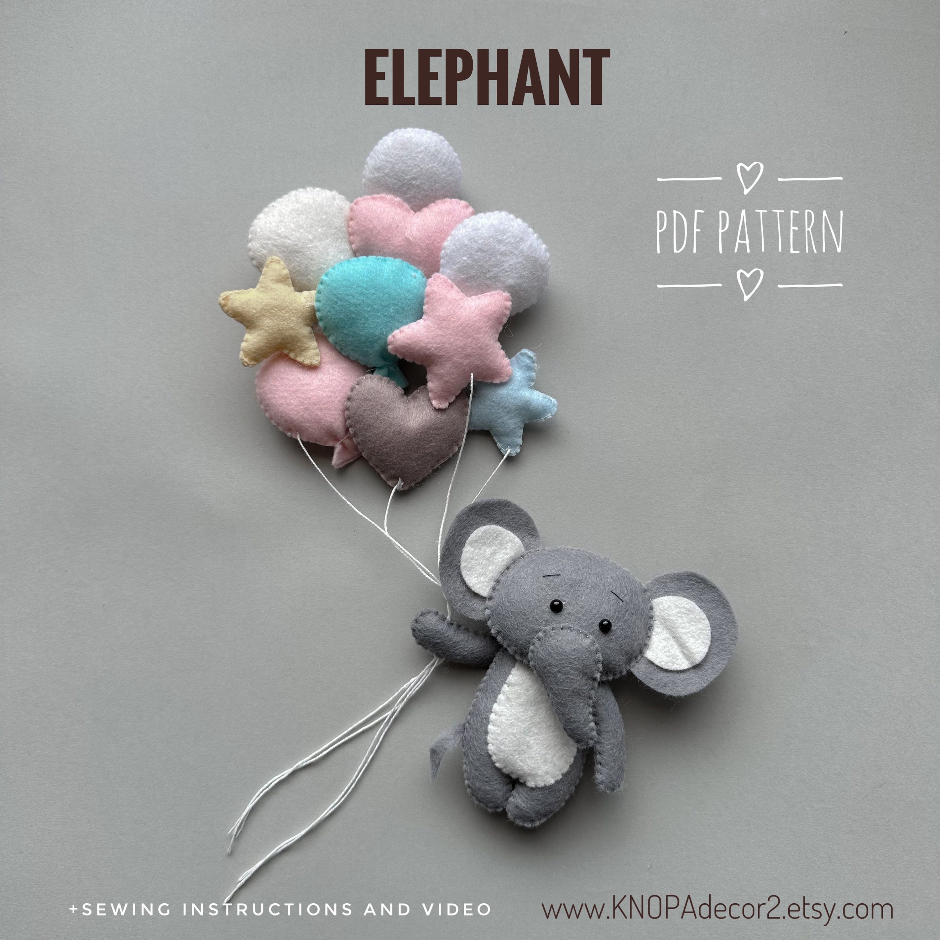Elephant With Balloons Pdf Pattern Sewing Funny Ornament Elephant Decor ...